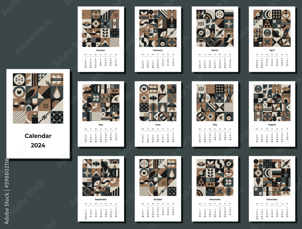 Calendar 2024 geometric patterns. Monthly calendar template for 2024 ...