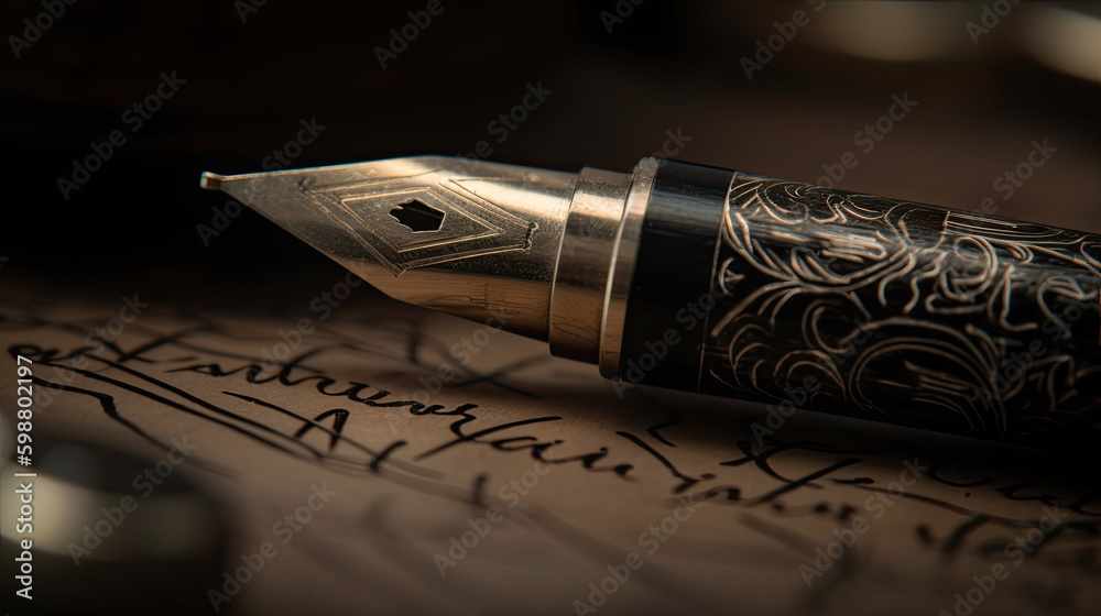 Golden fountain pen leaves drawing a straight ink line on a white paper ...