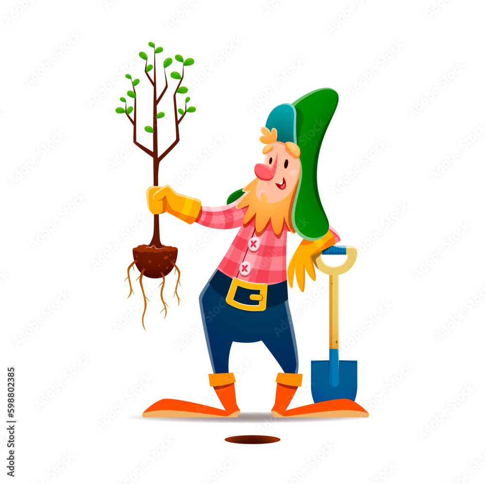 Cartoon gnome or dwarf character planting a seedling. Garden gnome ...