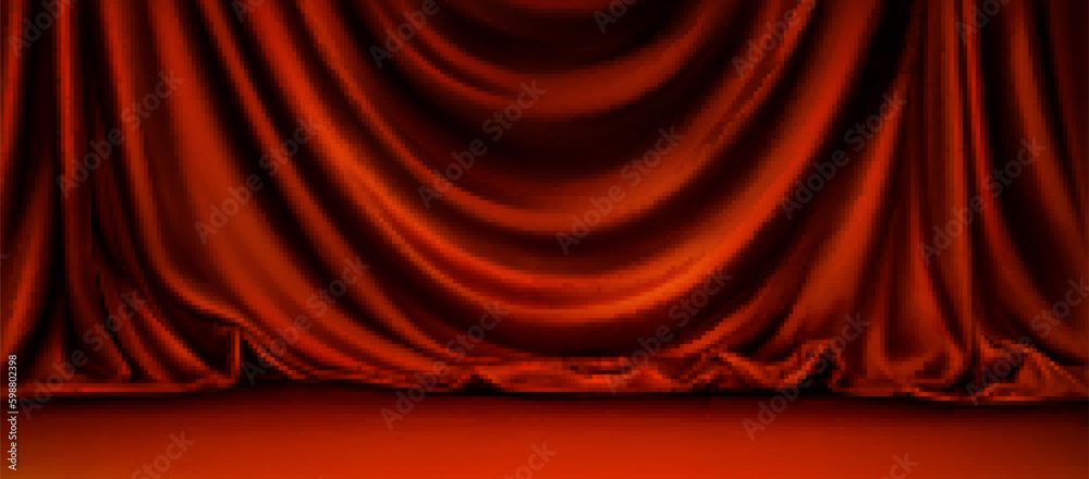 Red podium backdrop with elegant silk curtain. Fabric drape cover ...