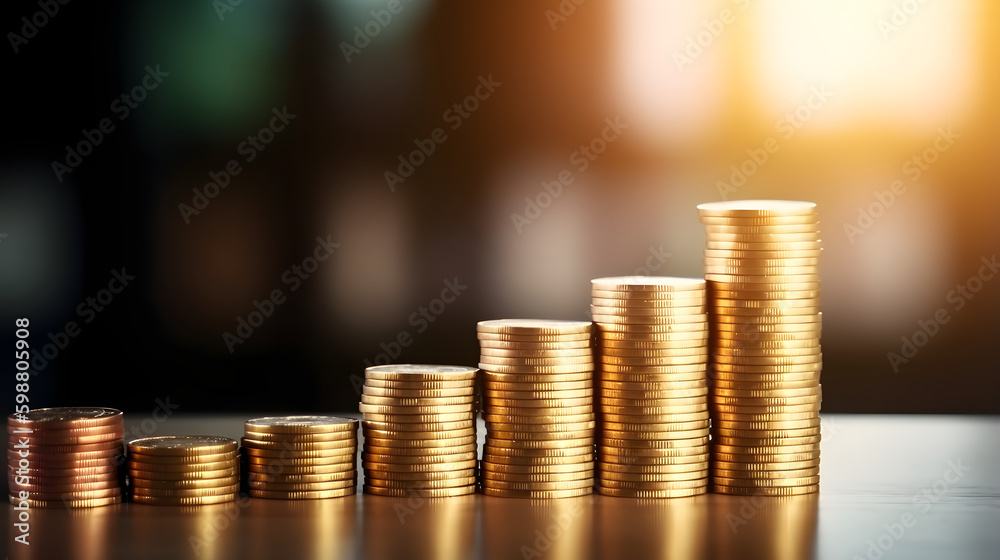 Savings, increasing columns of gold coins, piles of gold coins arranged ...