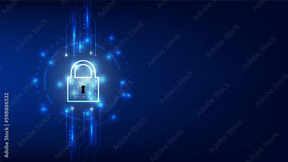 digital padlock with virtual screen on dark background with copy space ...