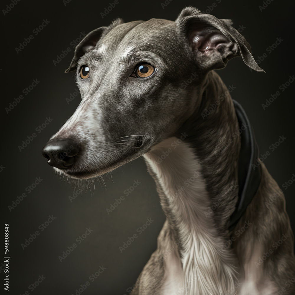 Studio shot with cute greyhound dog portrait with the curiosity and ...