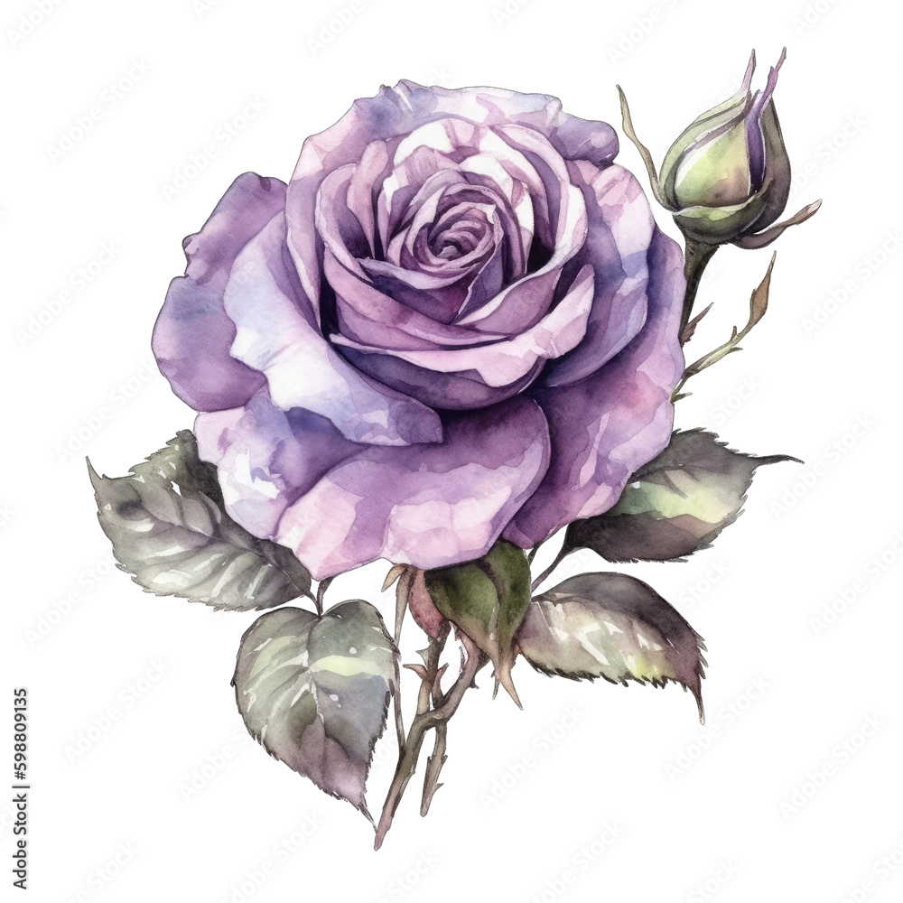 purple rose watercolor painting isolated on white, transparent ...