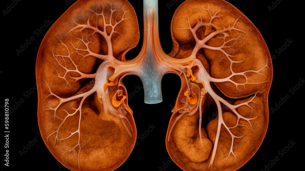 Human kidneys anatomy inside. Internal organ on black background ...
