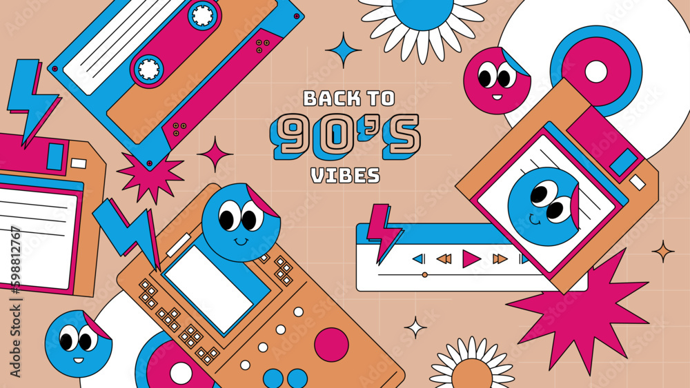 Vector 90s retro party cartoon background illustration in trendy flat ...