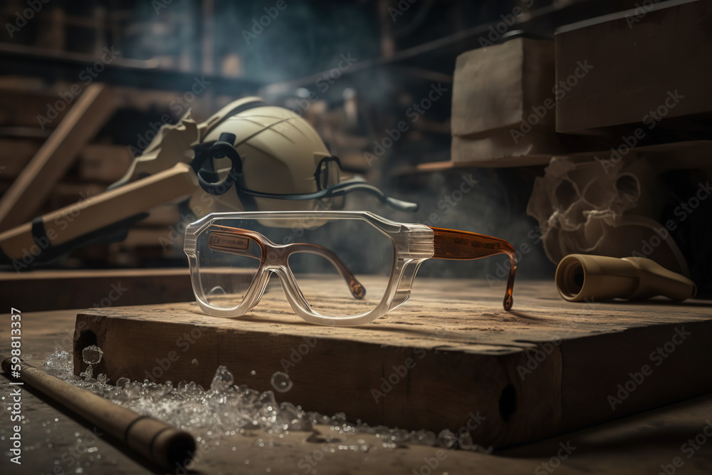 A safety eyeglasses for construction worker which is placed on ground ...