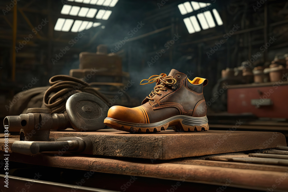 A leather personal safety shoes is placed at the workplace with ...