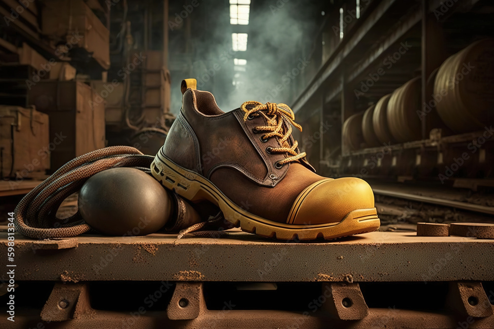 A leather personal safety shoes is placed at the workplace with ...