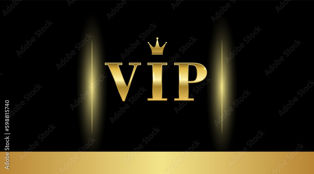 vip gold text with diamonds, black and gold label with ribbon, luxury ...