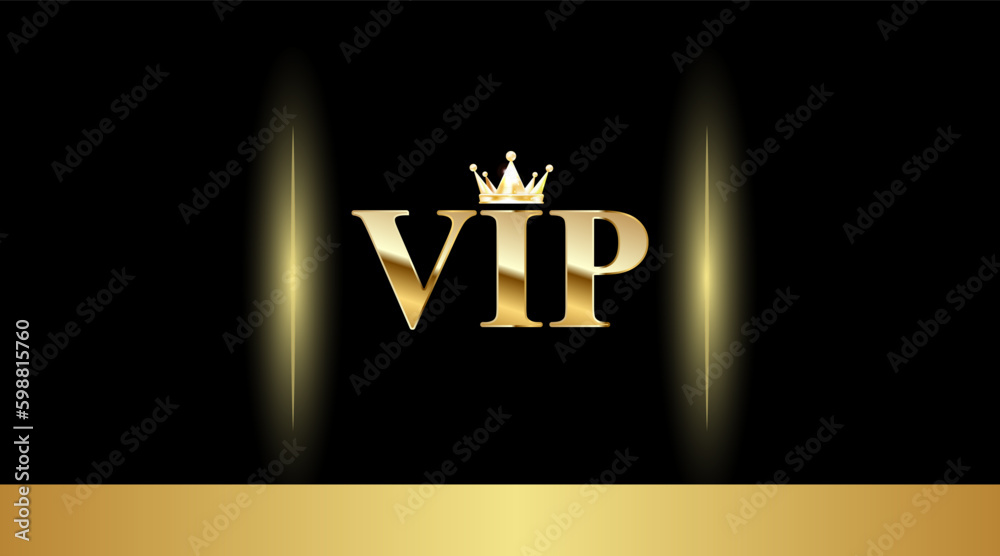 vip gold text with diamonds, black and gold label with ribbon, luxury gold and black exclusive ...