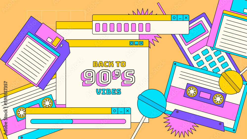 Vector 90s party cartoon background illustration with retro music 1990 ...