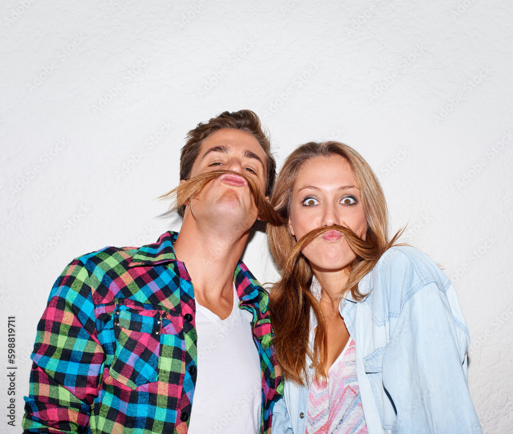 Portrait, funny and couple with moustache hair, silly and happiness ...