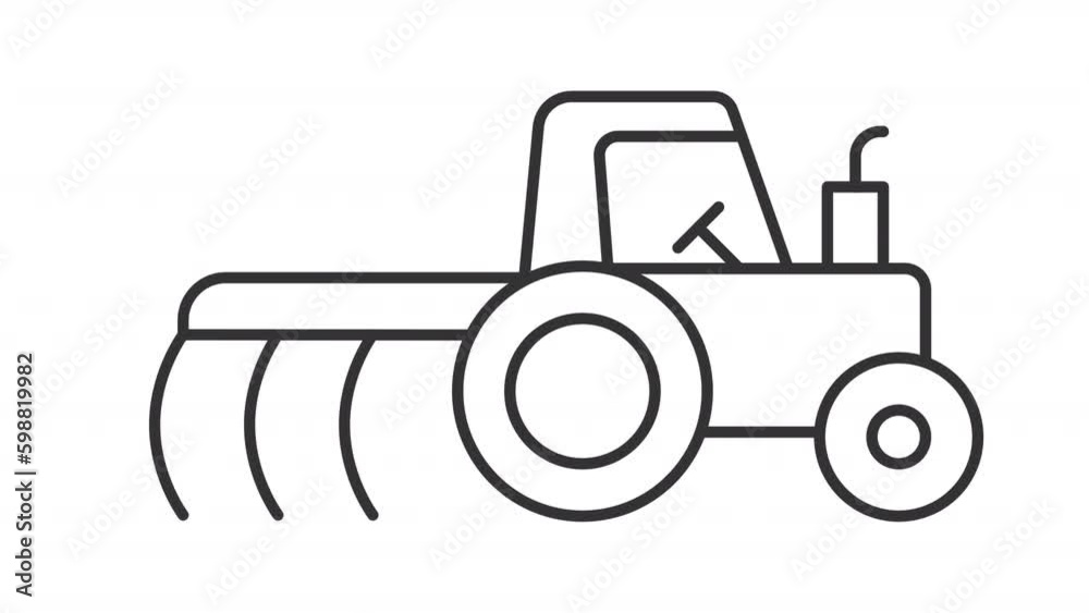 Animated tractor with harrow icon. Moving vehicle line animation ...