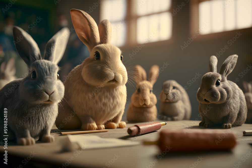 Class of cute white grey rabbits sitting at their desks sitting at a ...