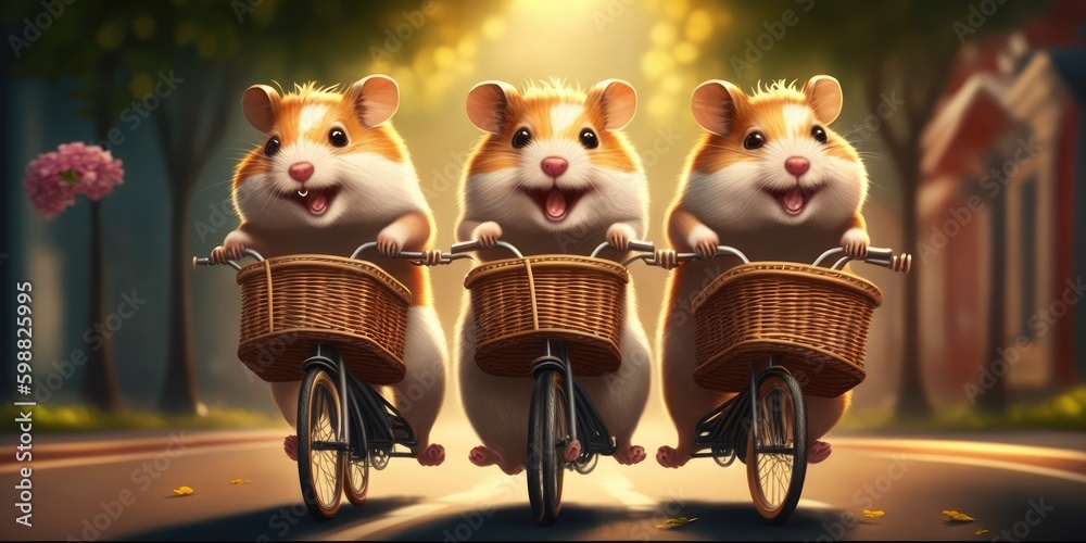 hamsters have fun bicycle ride on sunshine day in summer on town street ...
