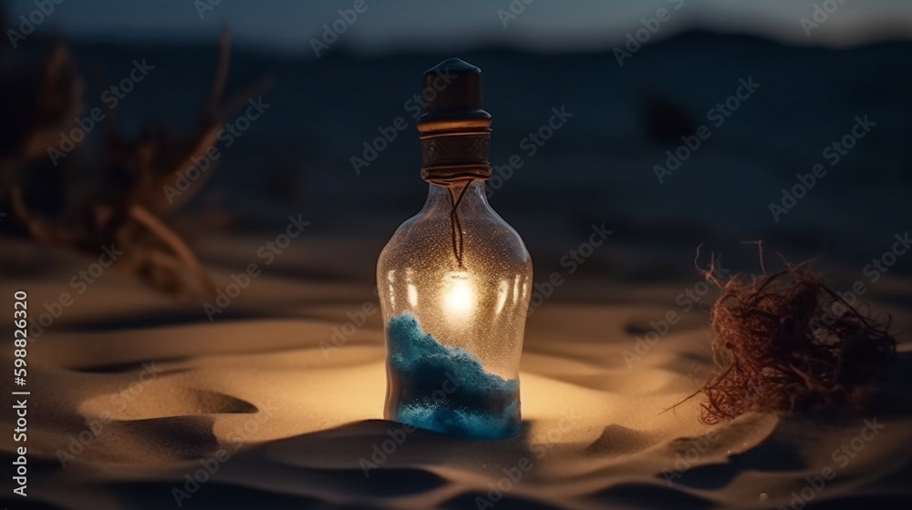 Lamp of Wishes In The Desert - Genie Coming Out Of The Bottle ...