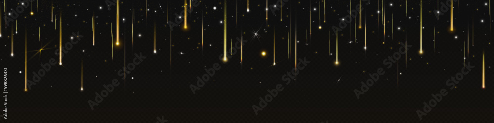 Golden star rain fall on transparent vector background. Abstract comet ...