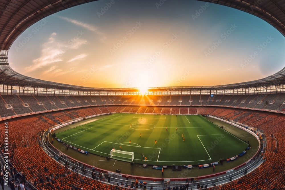 Soccer players in action on sunset stadium background panorama Stock ...