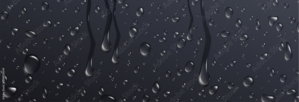 Realistic water drops on transparent black surface. Vector illustration ...