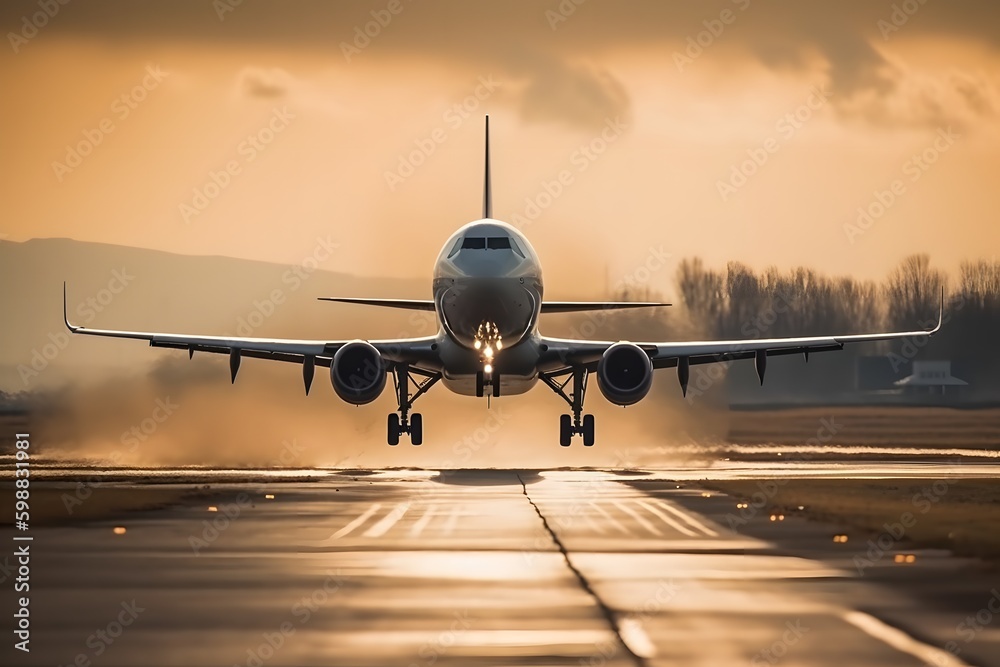 Front view of a passenger airplane is landing or taking-off on the ...