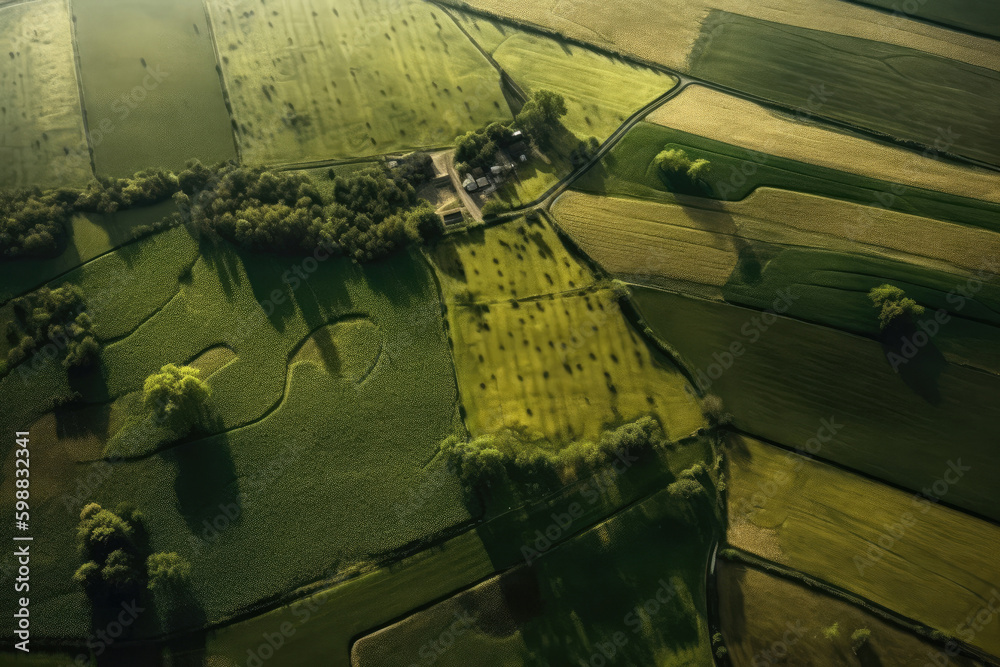 Aerial view of green agricultural fields planted with various crops ...