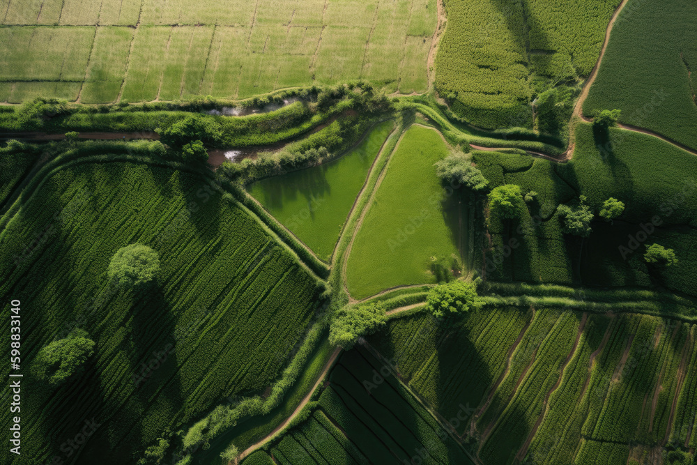 Aerial view of green agricultural fields planted with various crops ...