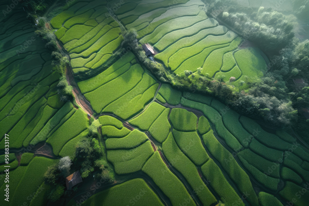 Aerial view of green agricultural fields planted with various crops ...