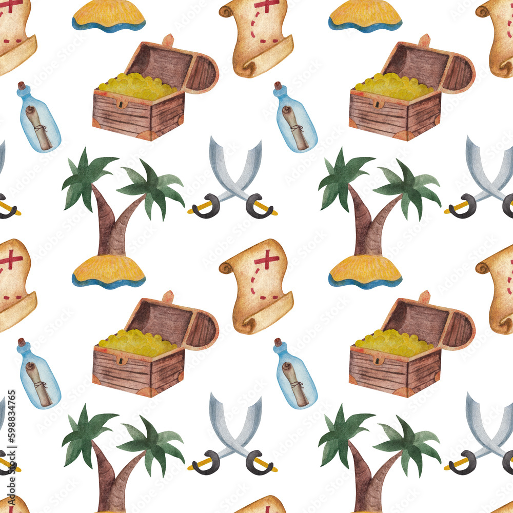Pirate treasure chest. Children's print. Seamless pattern, watercolor ...