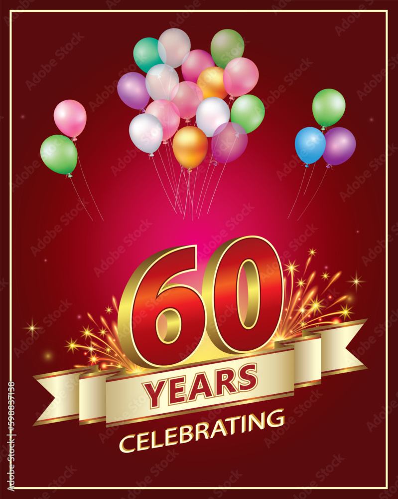 60 years anniversary celebration. Golden numbers with fireworks on a ...