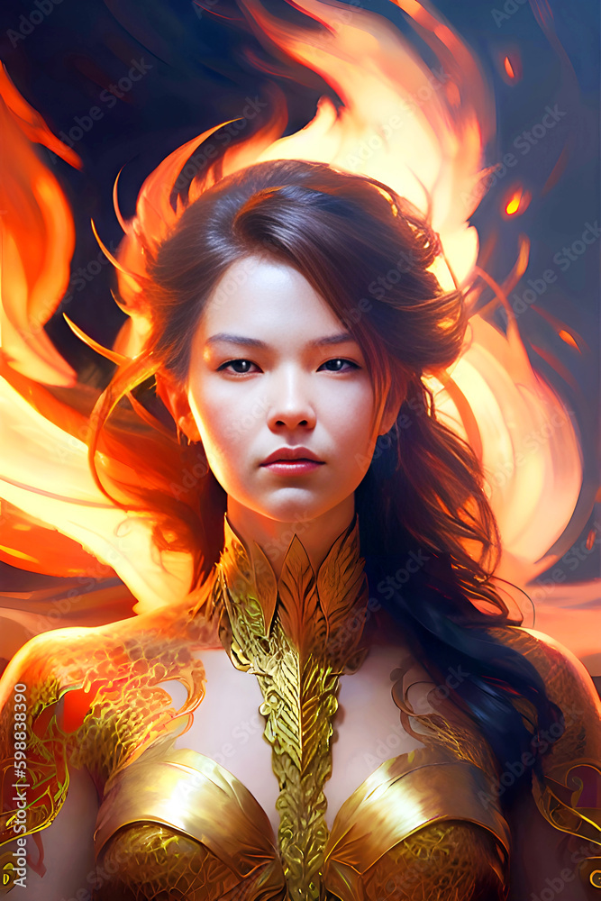 Beautiful woman with fire in her hair. Fantasy portrait. Generative AI ...