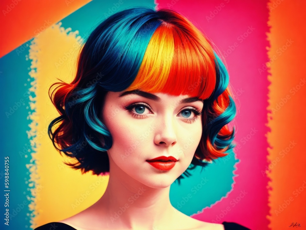 A headshoot of an young woman will multi colored hairs A colored old ...