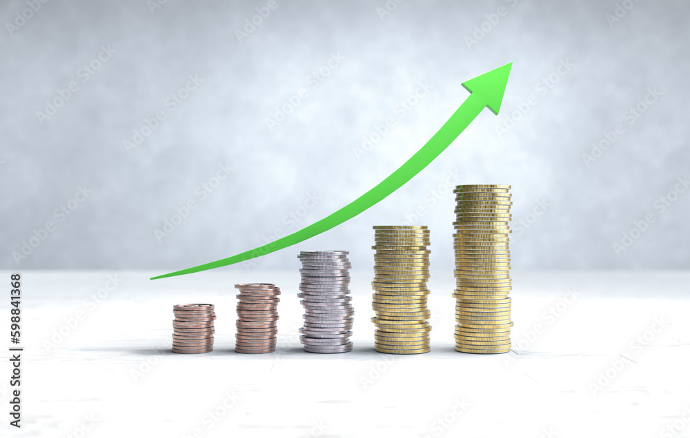 The green arrow is going up the Stacks of coins arranged in a bar graph ...