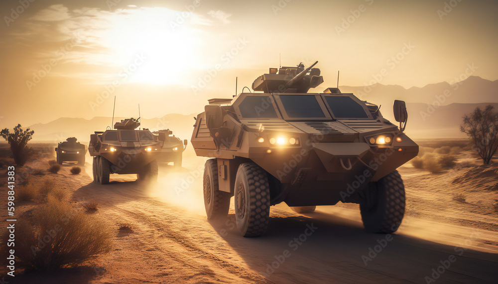 Convoy of military vehicle driving through a dusty desert with a ...