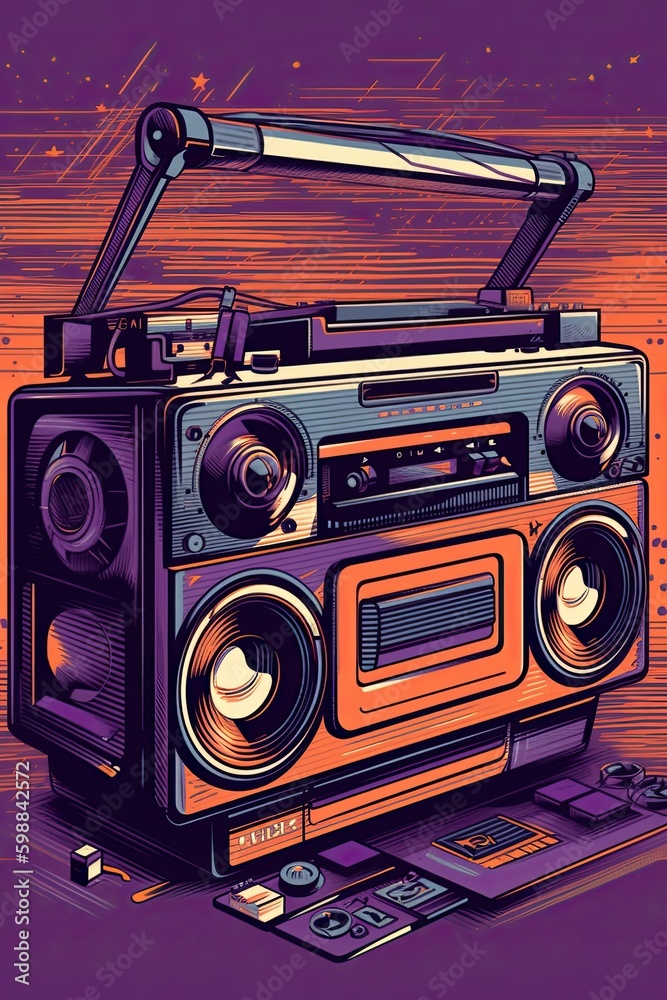 Retro 80s Vintage Music: Purple Boombox Radio with Tape Symbol ...