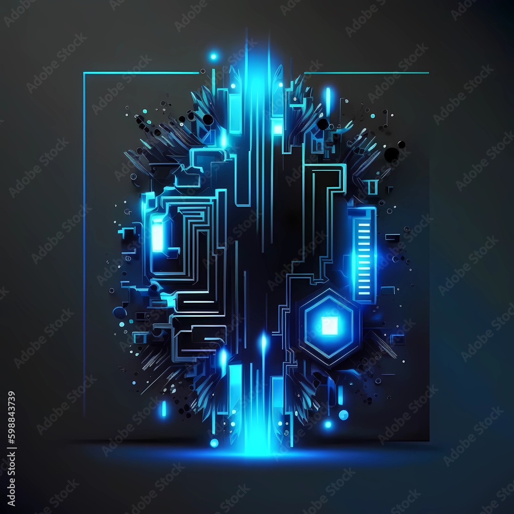 dark blue AI generated technology background with neon lights Stock ...