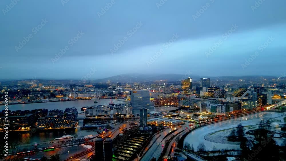 Video Stock Top aerial view of Oslo city in Norway at evening time ...