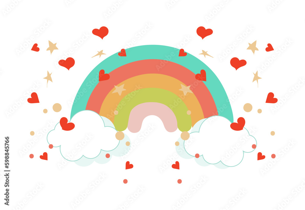 Drawn by hand doodle rainbow with clouds, hearts and stars. Isolated ...
