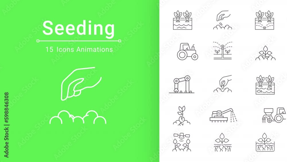 Seeding icon animation set. Animated line agricultural equipment ...