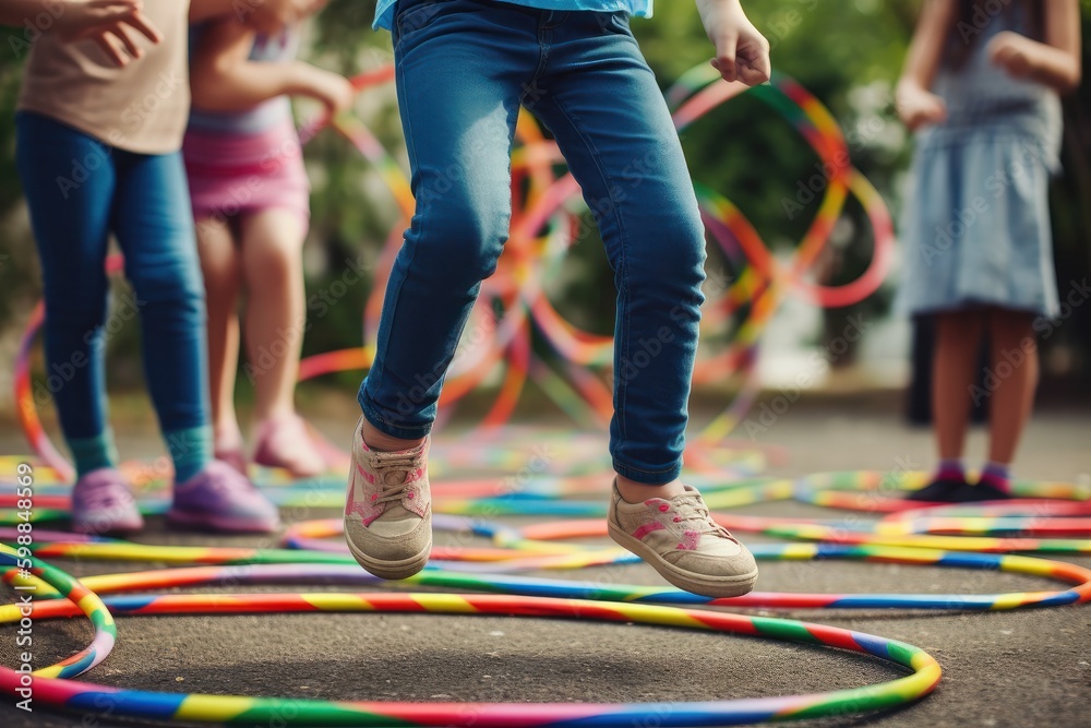 Children playing with colourful rings on the playground in the ...