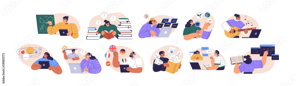 People study set. Education, knowledge concept. Students learn online ...