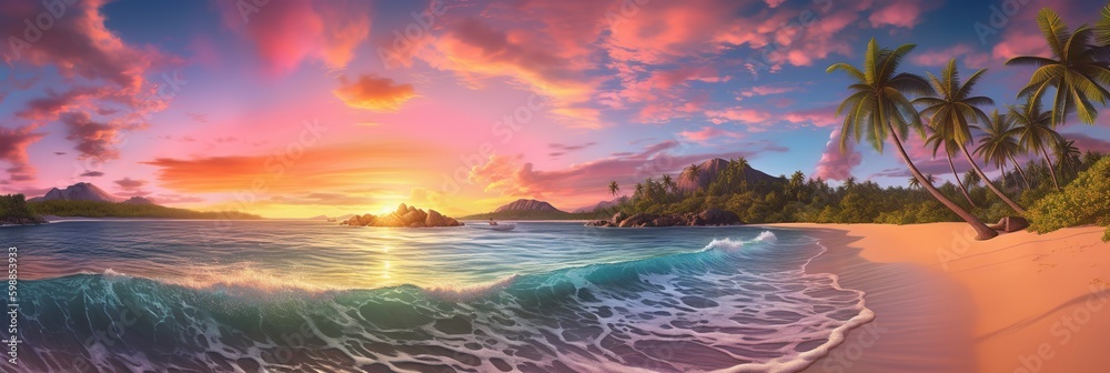 Colorful stunningly realistic beach scene in modern style on yellow ...