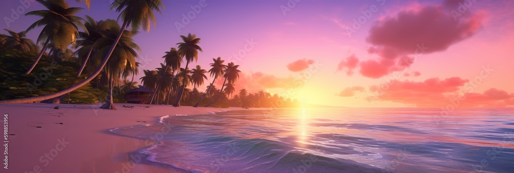 Colorful stunningly realistic beach scene in modern style on yellow ...