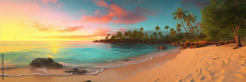 Colorful stunningly realistic beach scene in modern style on yellow ...