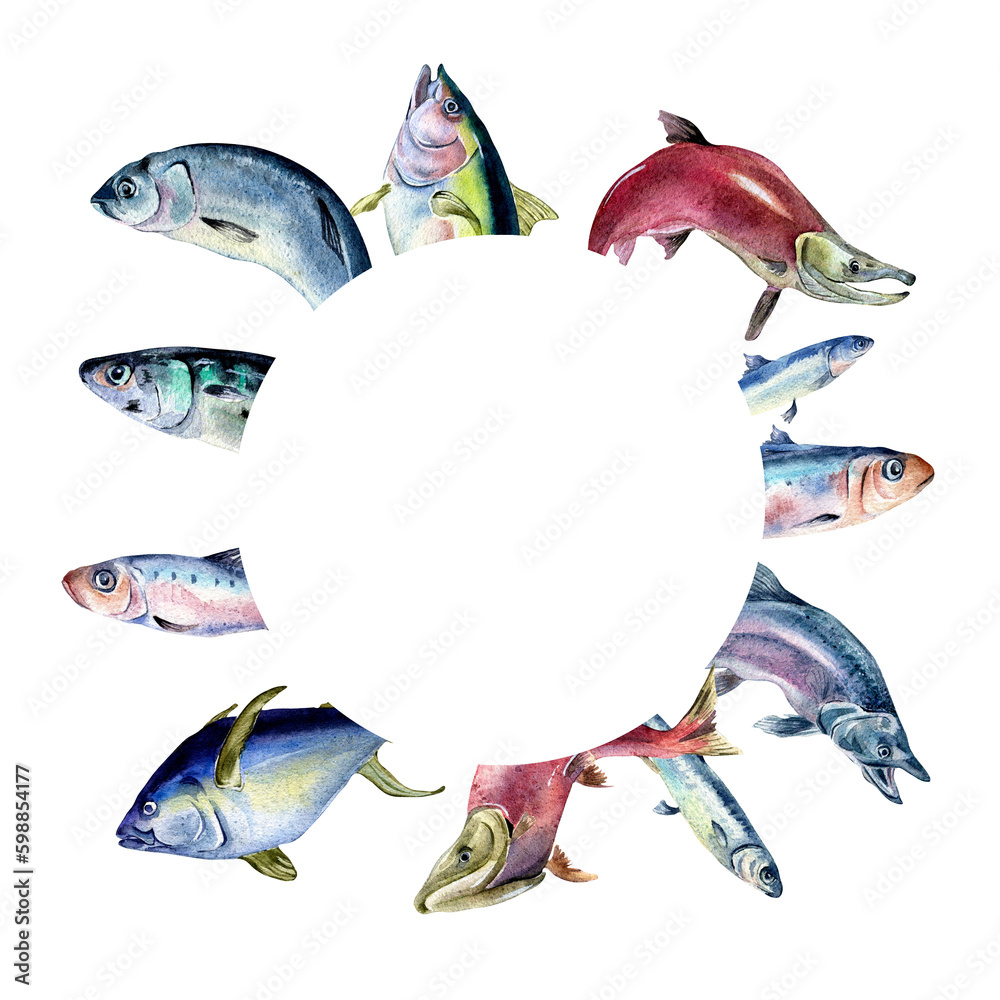 Frame of various fresh sea fish watercolor illustration isolated on ...