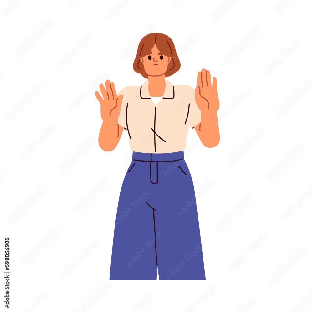 Afraid woman gesturing stop with palms. Shocked scared girl showing ...