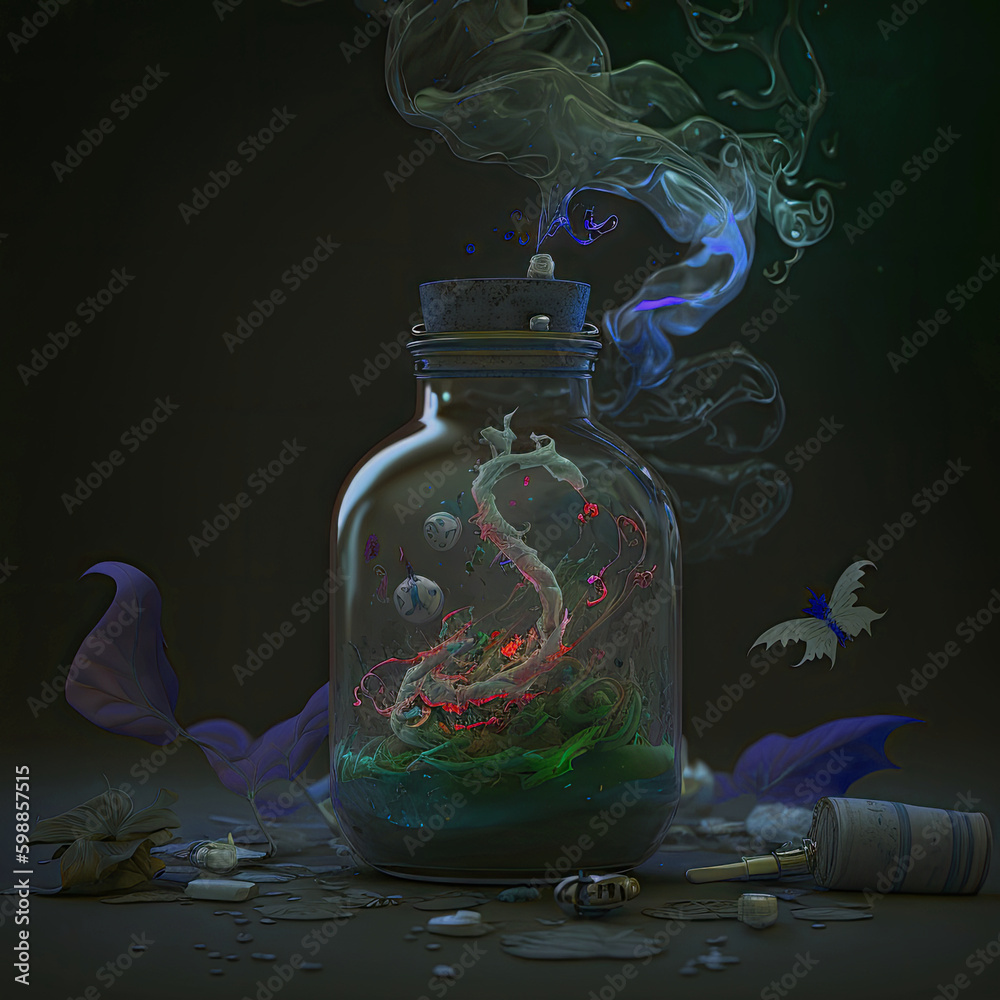 Magic liquid in glass flask. Green liquid, smoke, red droops onside ...