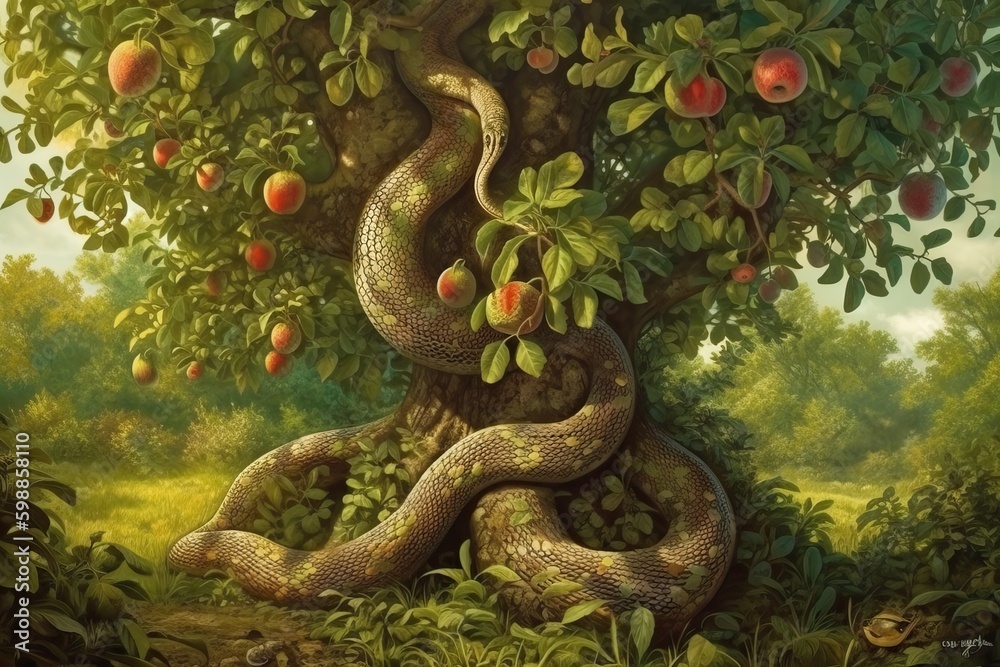 The biblical tree of knowledge in genesis with the apples and the ...