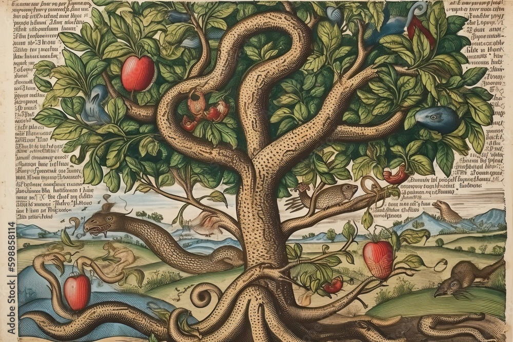 The biblical tree of knowledge in genesis with the apples and the ...