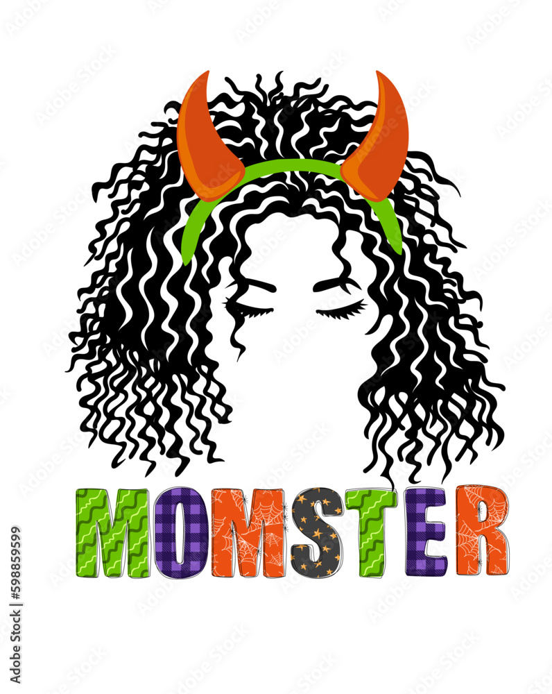 Momster. Hand drawn woman face with devil horns and doodle text. Happy ...